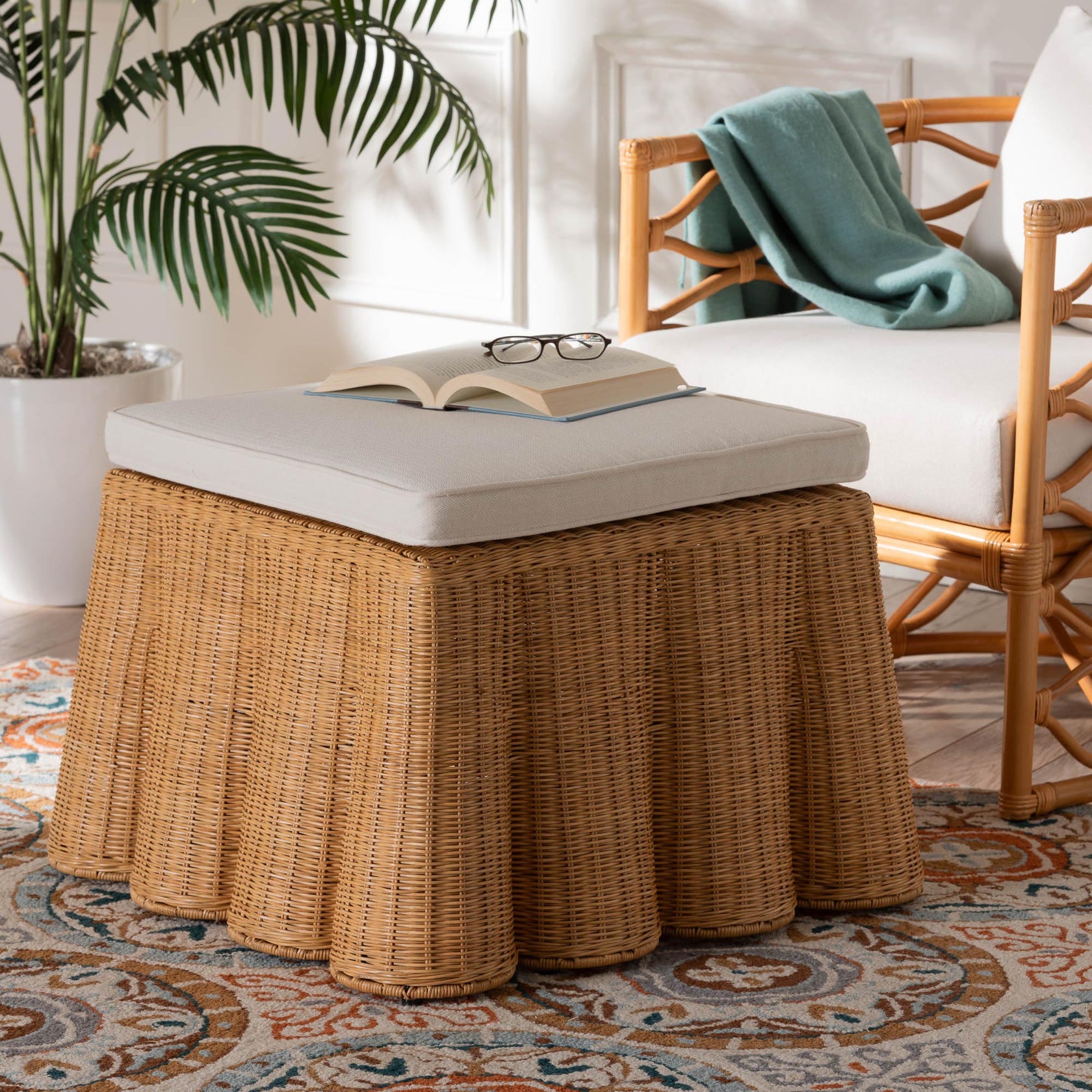 Baxton Studio bali & pari Palm Bohemian Honey Scallop Rattan Ottoman ...