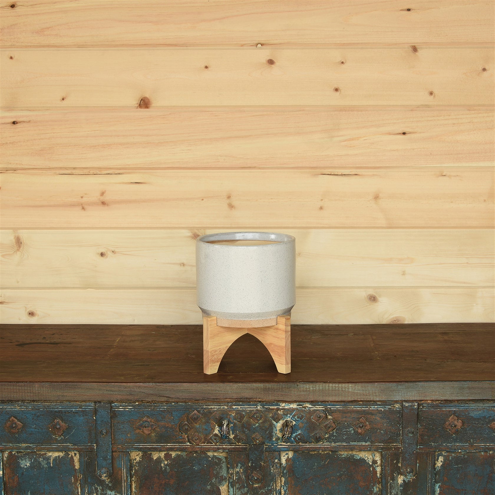 Ames Cachepot, Ceramic with Wood - Large - White, Natural Set Of 2 By ...