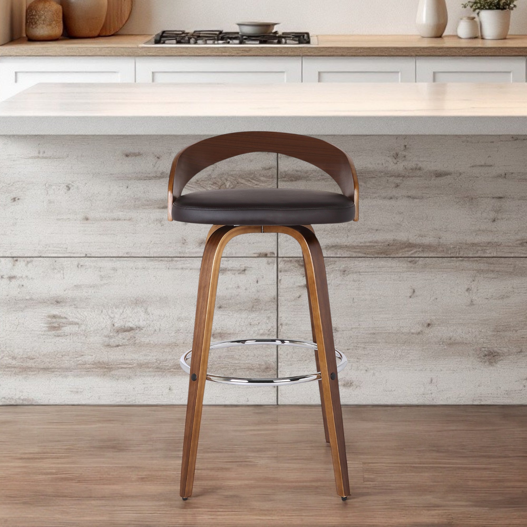 Brown Faux Leather and Solid Wood Low Back Bar Height Swivel Bar Chair ...