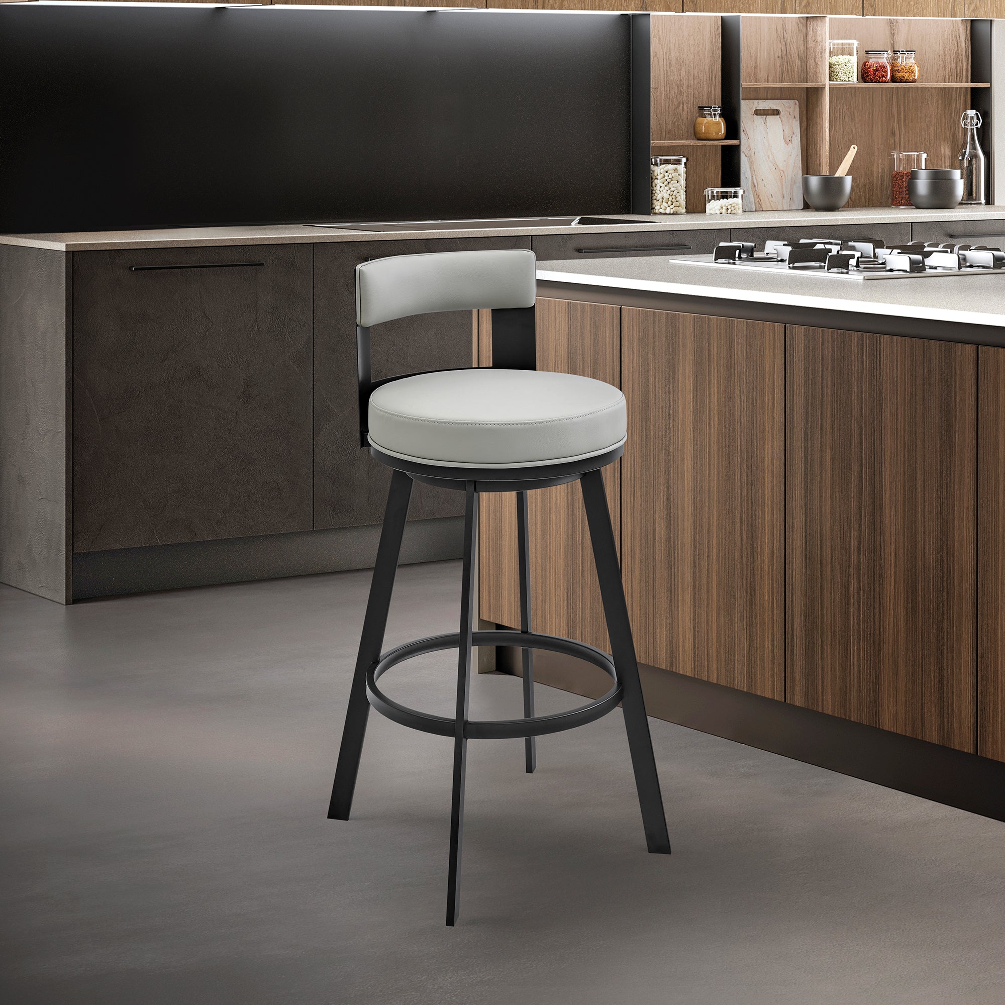 Flynn 30" Swivel Bar Stool in Black Metal with Light Gray Faux Leather ...