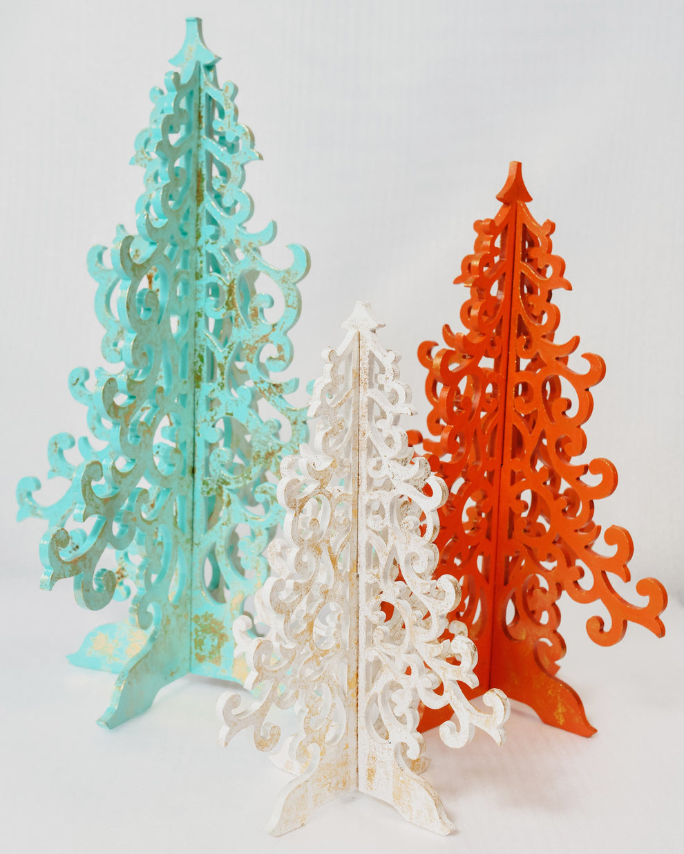Yuletide Christmas Trees- Wooden-Set of 3- Green/Red/Pink/White ...
