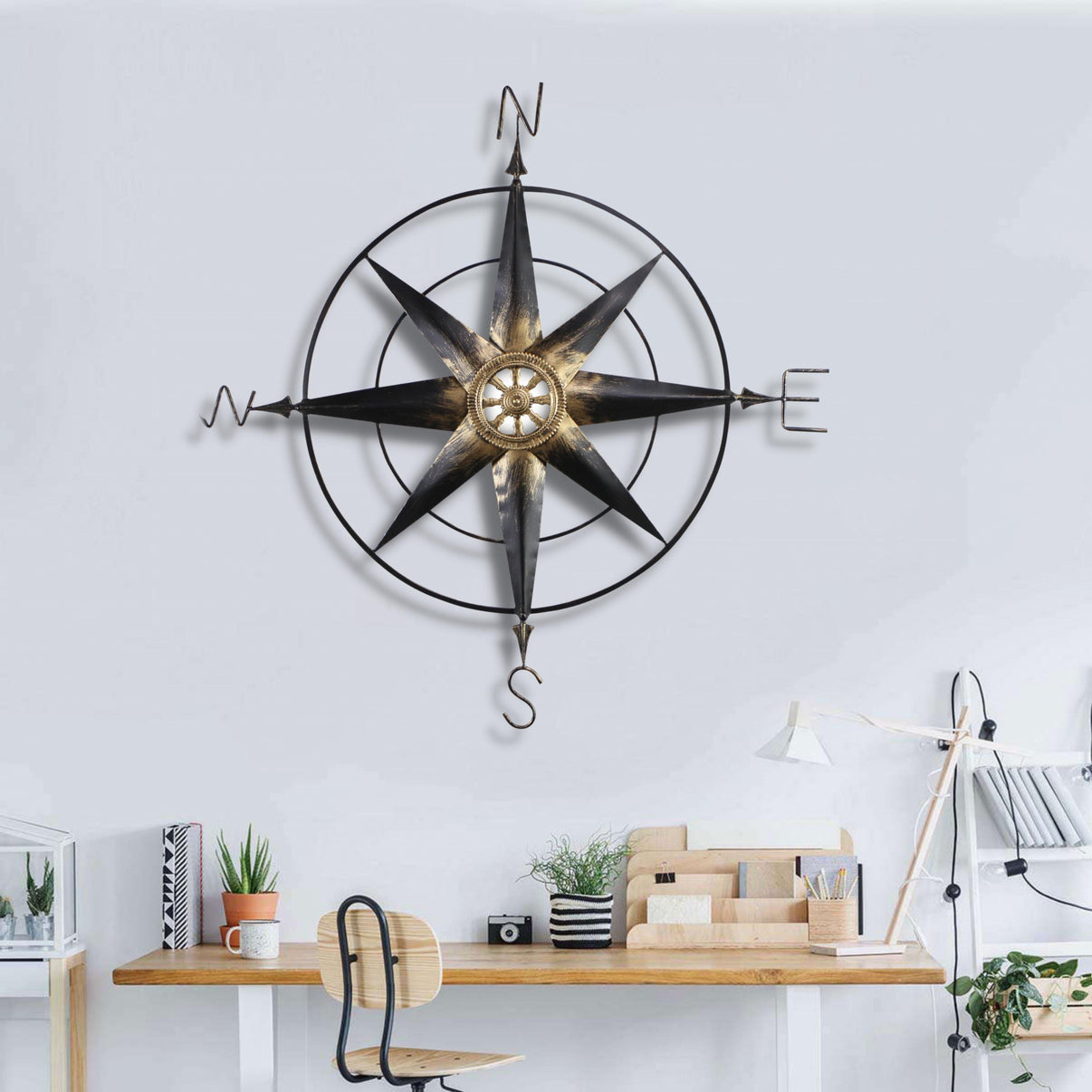 Black Metal Wall Decor Compass with Gold Center Accents By Homeroots ...