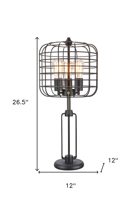 27" Black Metal Industrial Cage Design Three Light Table Lamp By Homer ...
