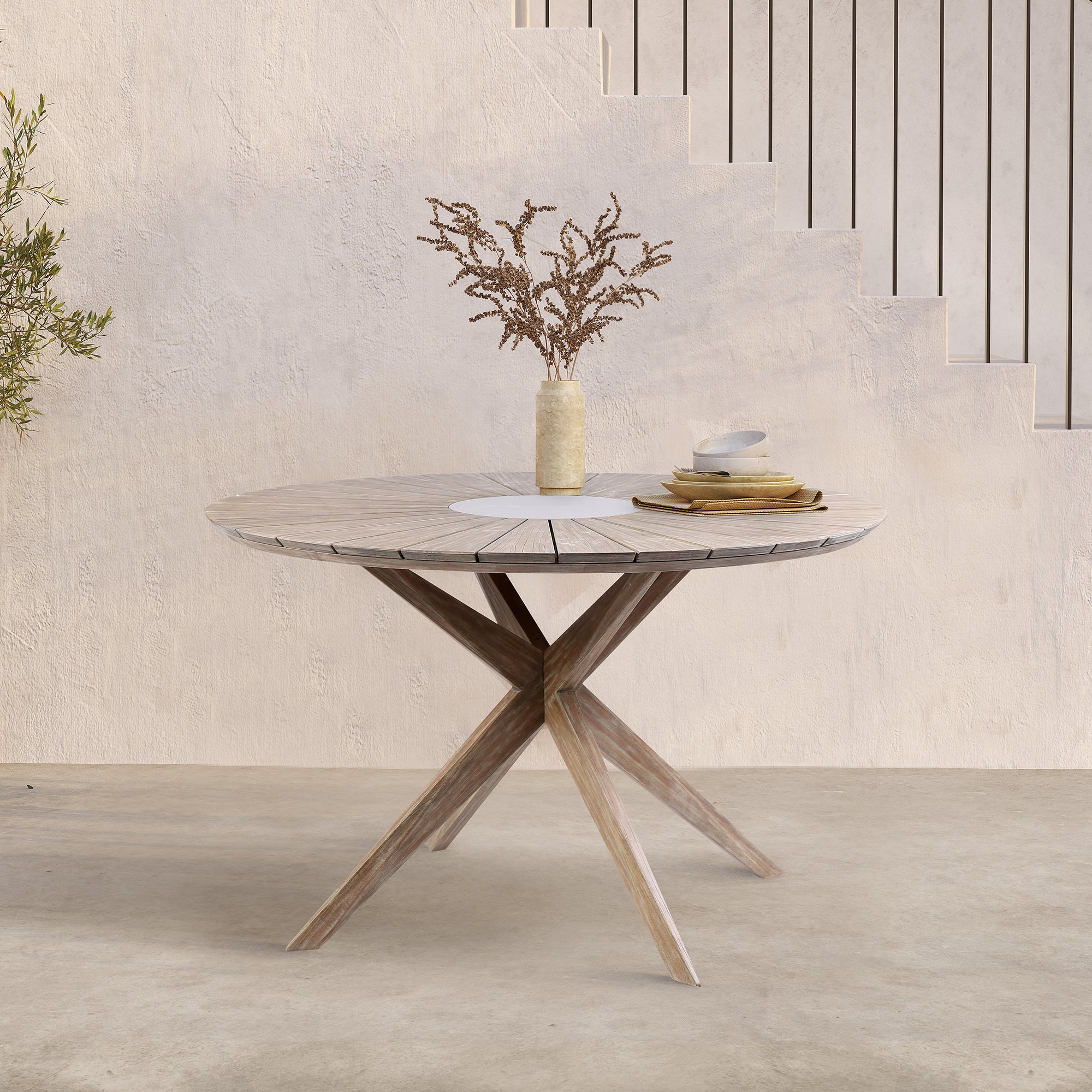 Sachi Outdoor Light Eucalyptus Wood and Concrete Round Dining Table By ...