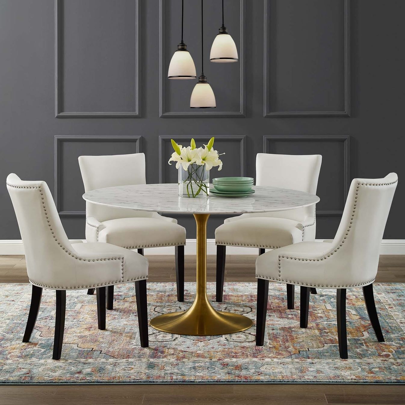 Modway Lippa 54" Round Artificial Marble Dining Table in Gold White ...
