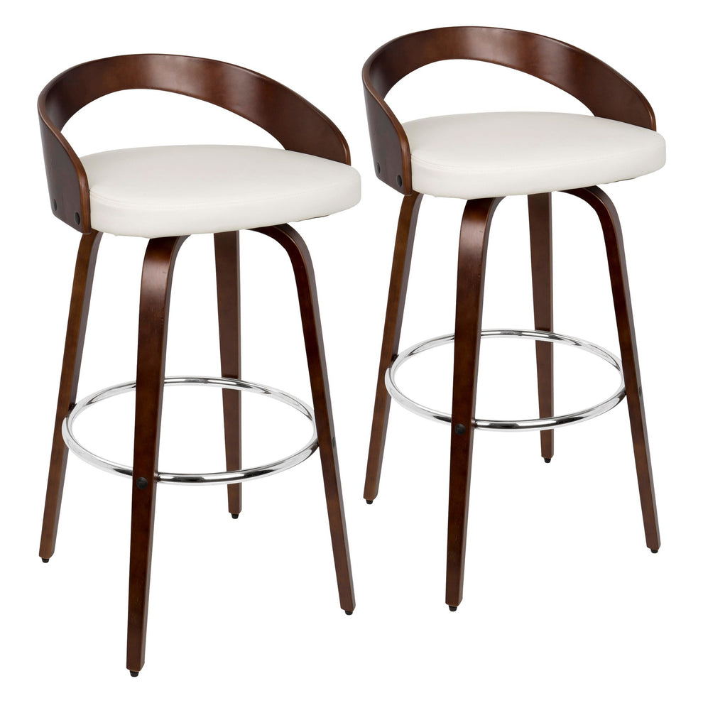 LumiSource Grotto Cherry Wood, White PU, Chrome Barstool - Set of 2 ...