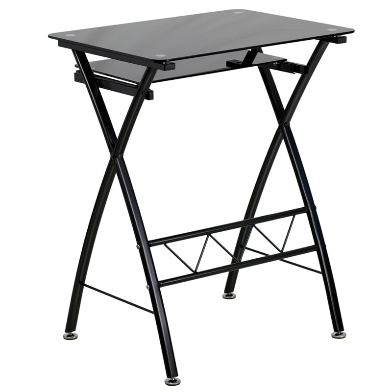 Black Tempered Glass Computer Desk with Pull-Out Keyboard Tray by Flas ...