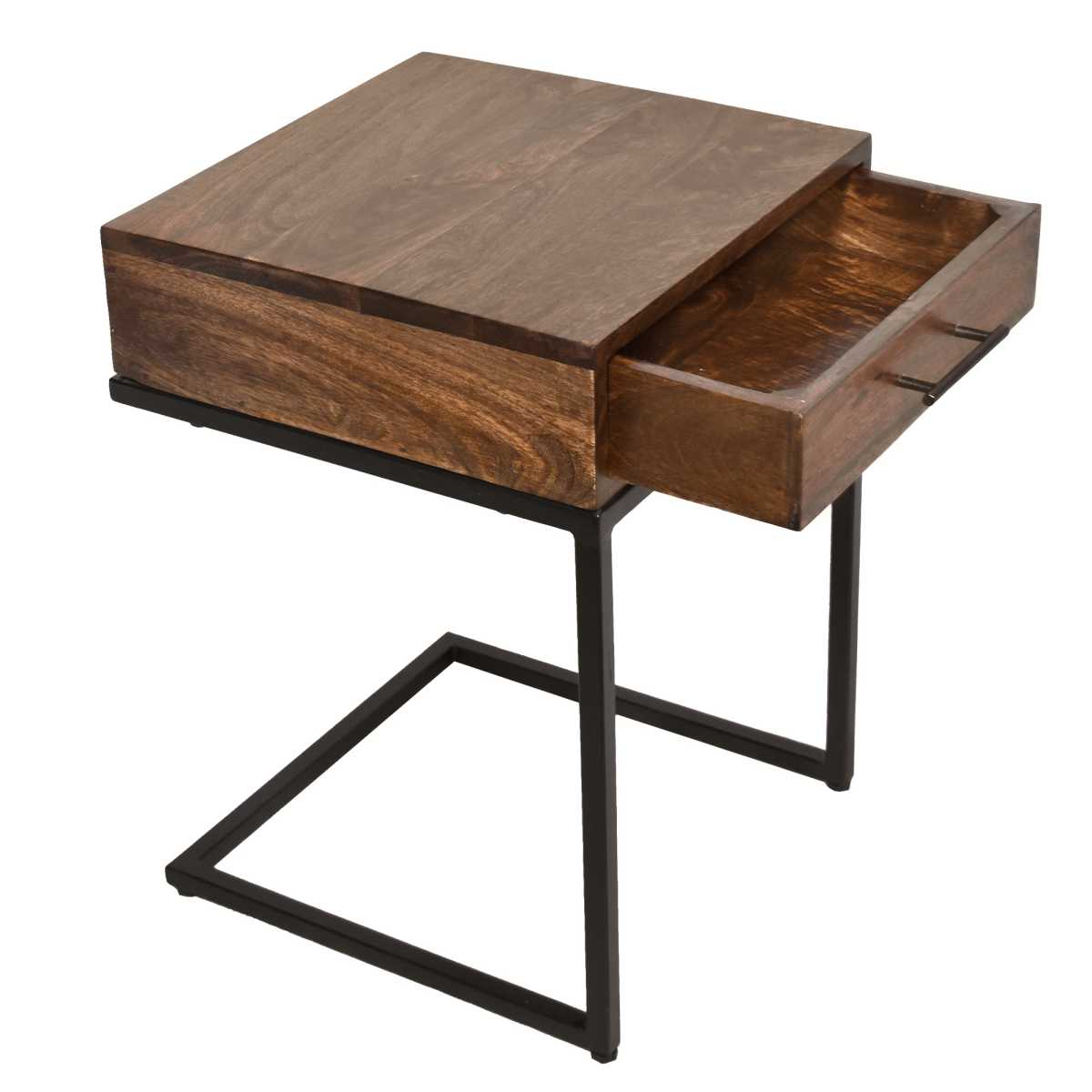 Mango Wood Side Table With Drawer And Cantilever Iron Base, Brown And ...