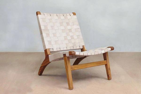 Masaya Leather Woven Lounge Chair- Natural Color Leather & Teak Wood ...